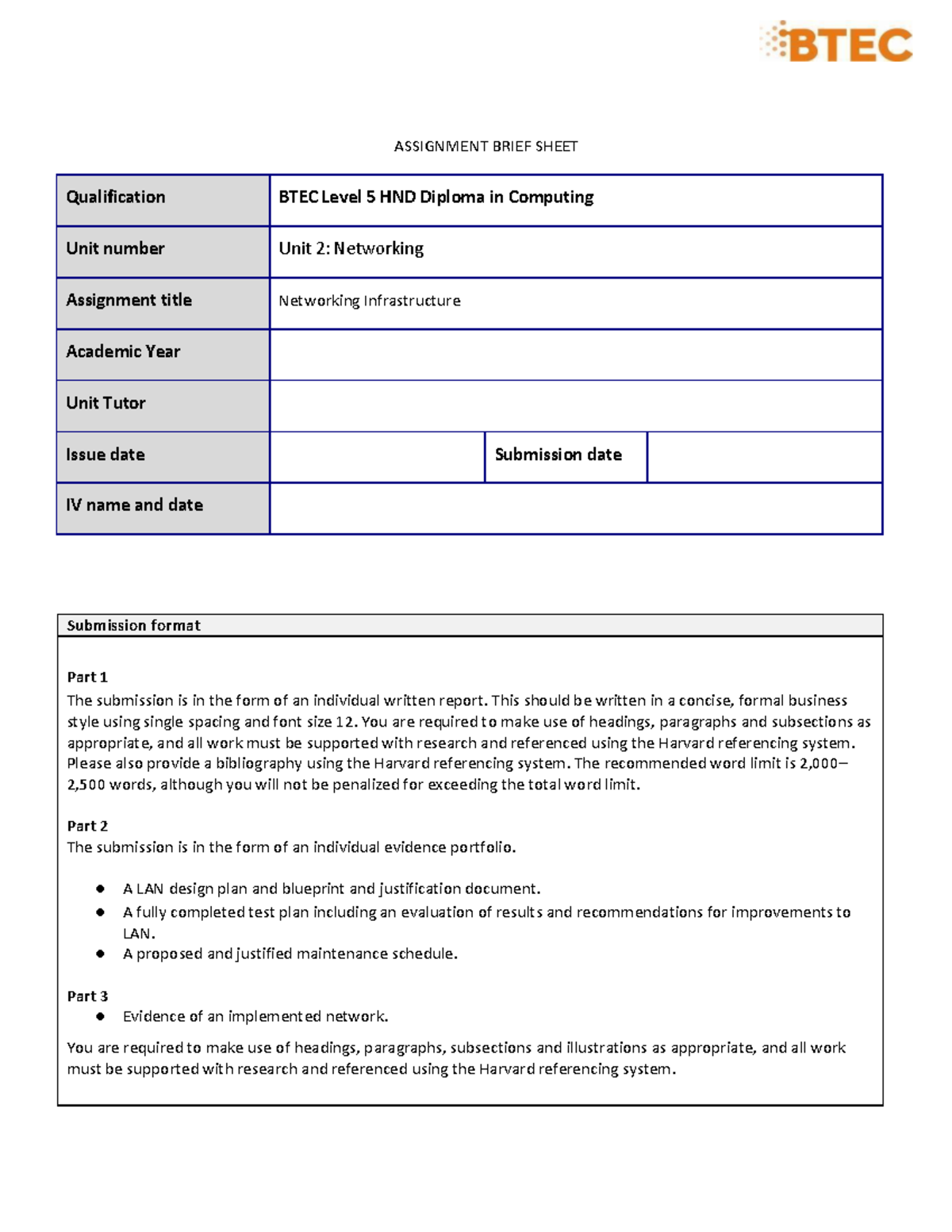 Unit 2 - Assignment Brief - ASSIGNMENT BRIEF SHEET Qualification BTEC ...