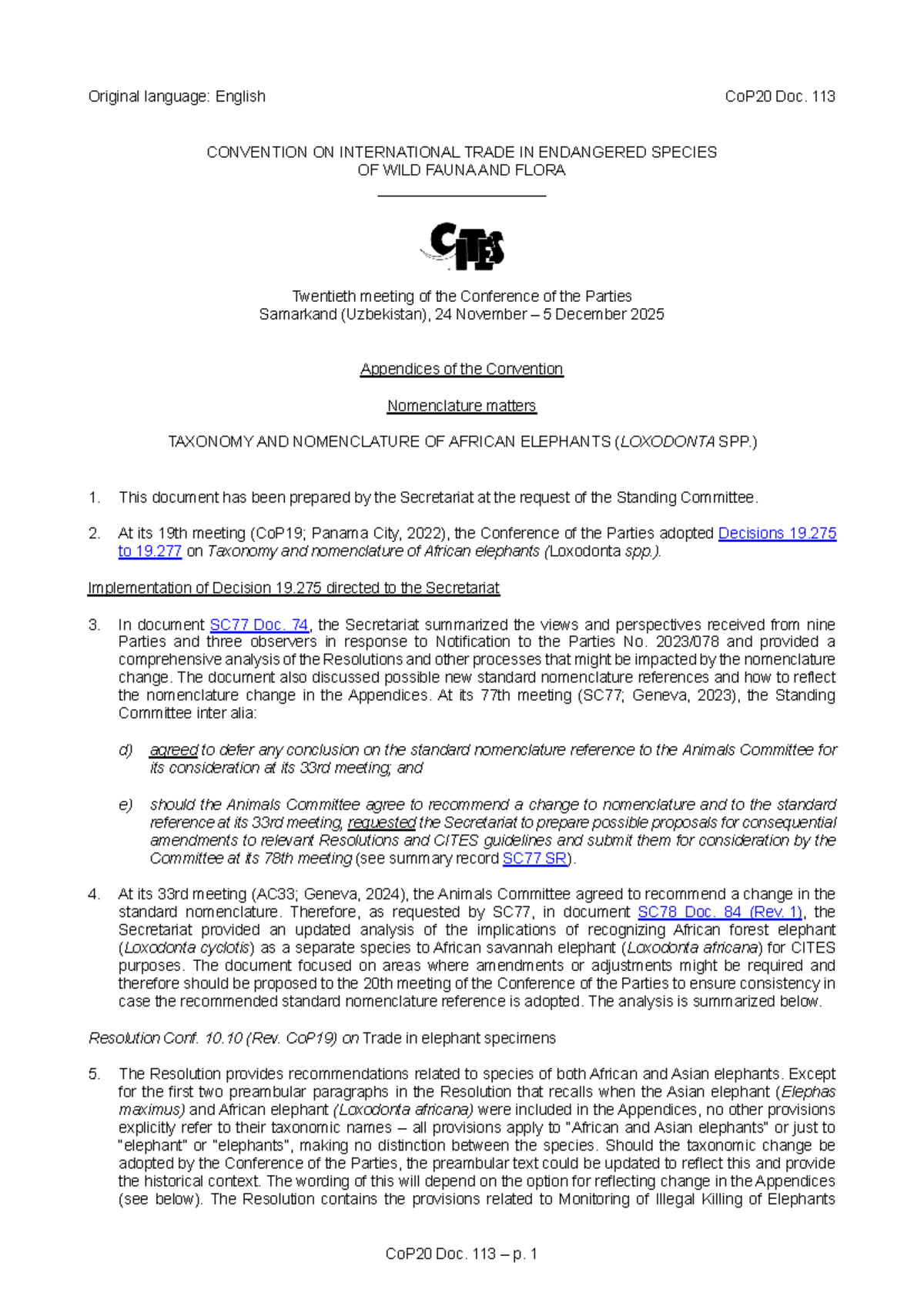 CoP20 Doc. 113 - Taxonomy and Nomenclature of African Elephants - Studocu