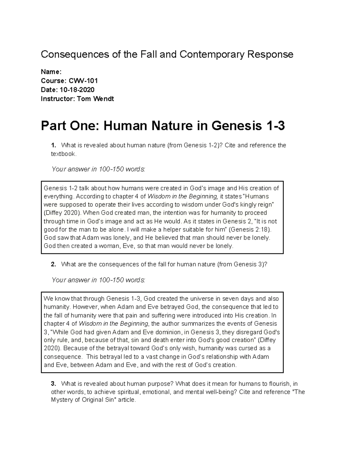 CWV-101 T3 Consequences of the Fall Contemporary Response Worksheet 100 ...