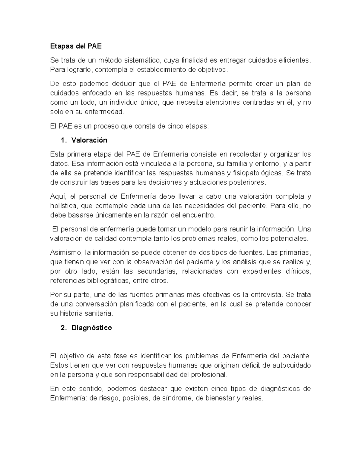 Etapas del PAE: Modelo Teórico de Atención en Enfermería - Studocu