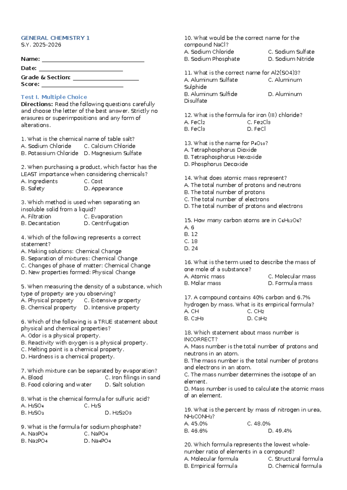 Chem 1 Test I: Multiple Choice Review Questions - Studocu