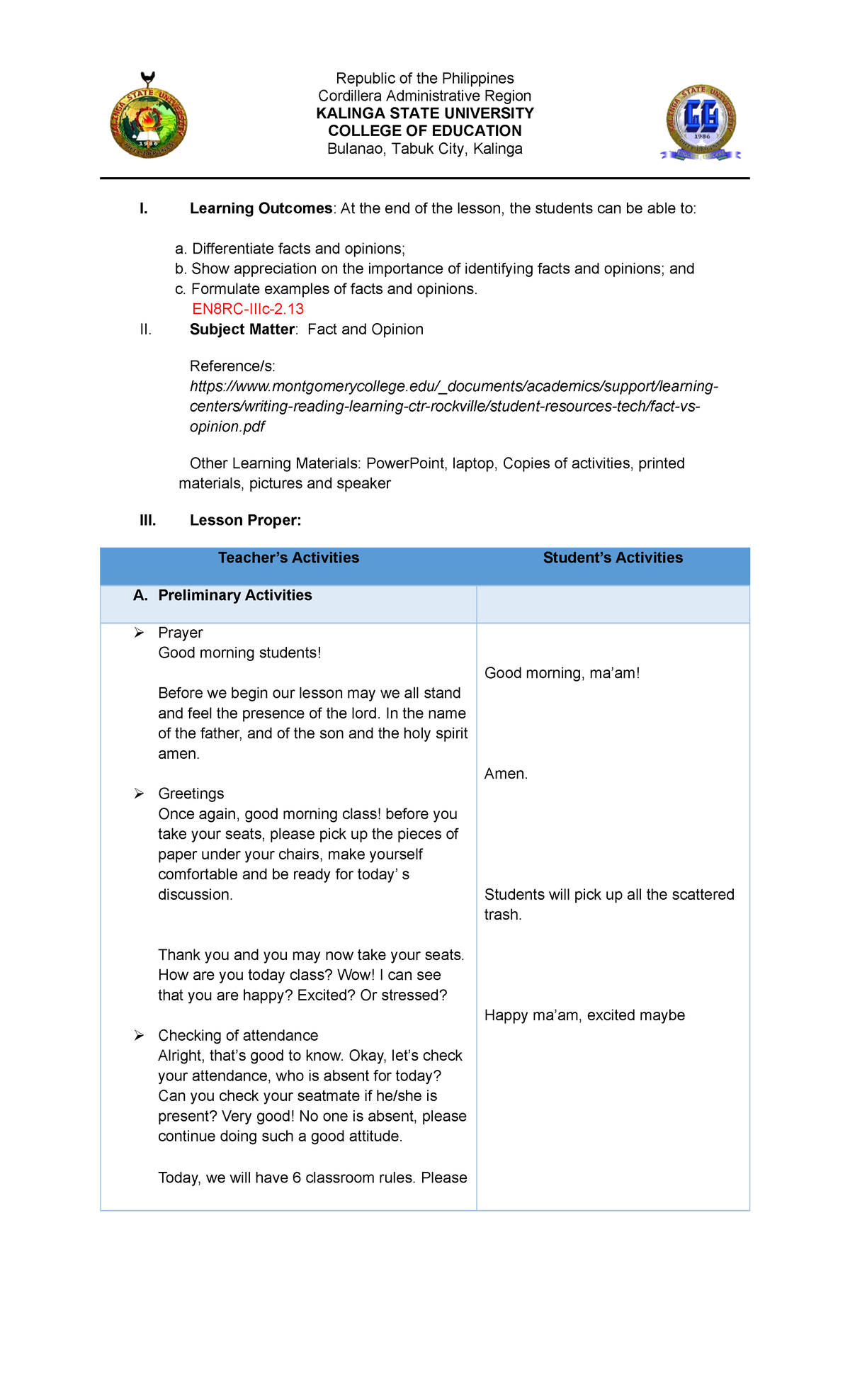 LP-TTL - Lesson plan - Republic of the Philippines Cordillera Administrative Region KALINGA ...