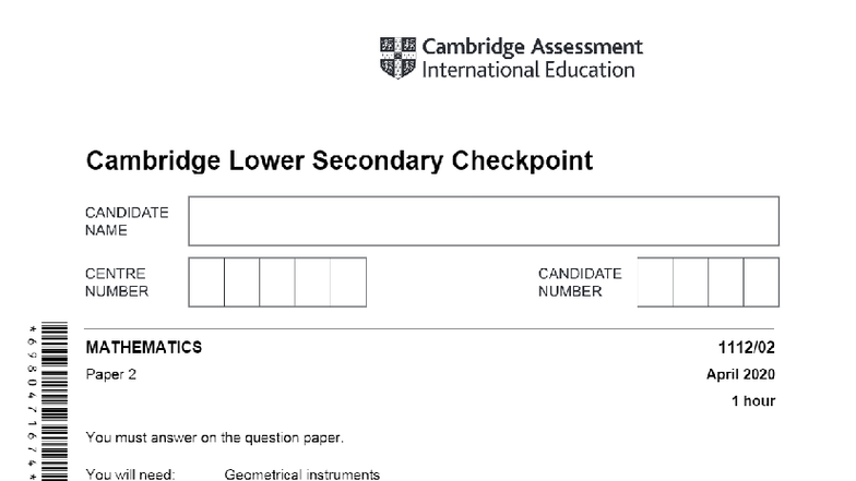 Cambridge Lower Secondary Checkpoint Mathematics Paper 2 - April 2020 ...