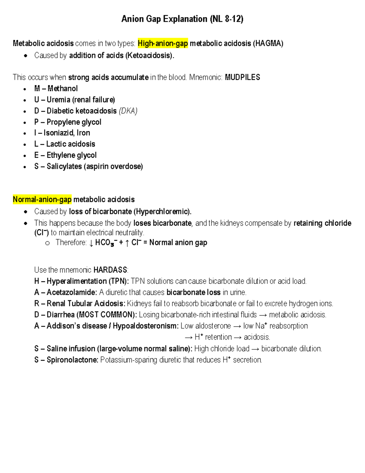 Anion Gap Overview: Understanding Metabolic Acidosis Causes - Studocu