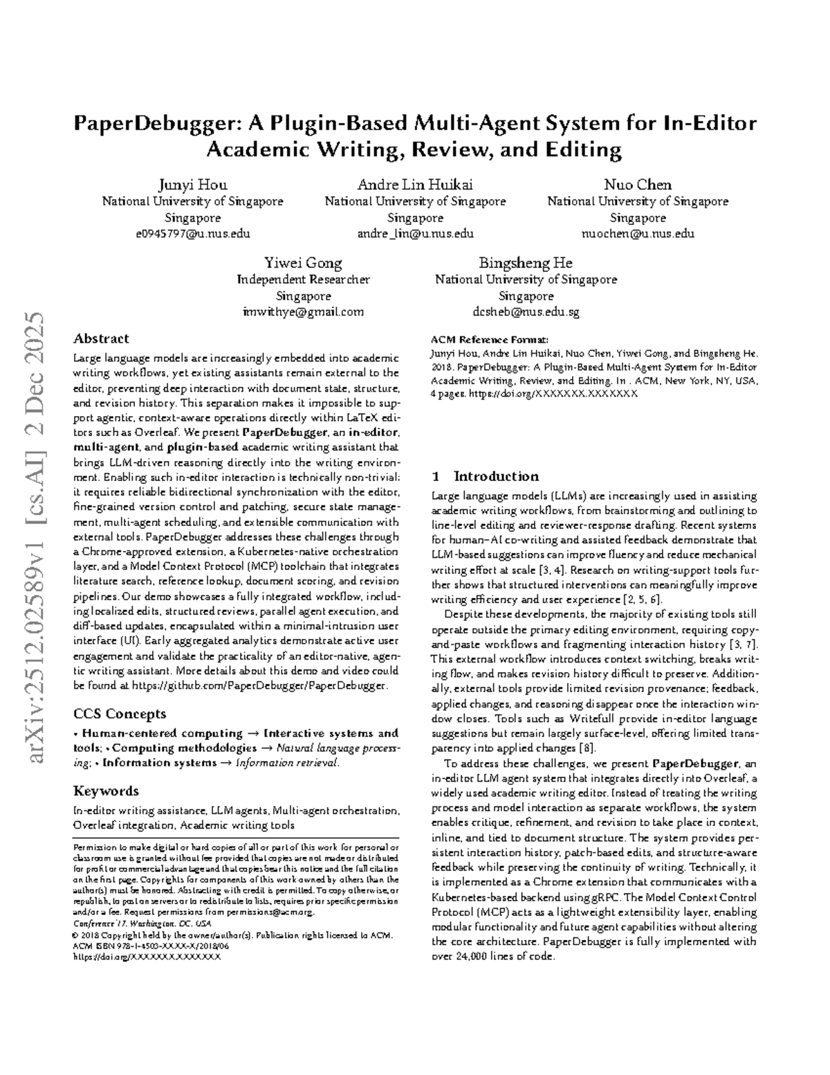 PaperDebugger: A Plugin-Based Multi-Agent System for In-Editor Academic ...