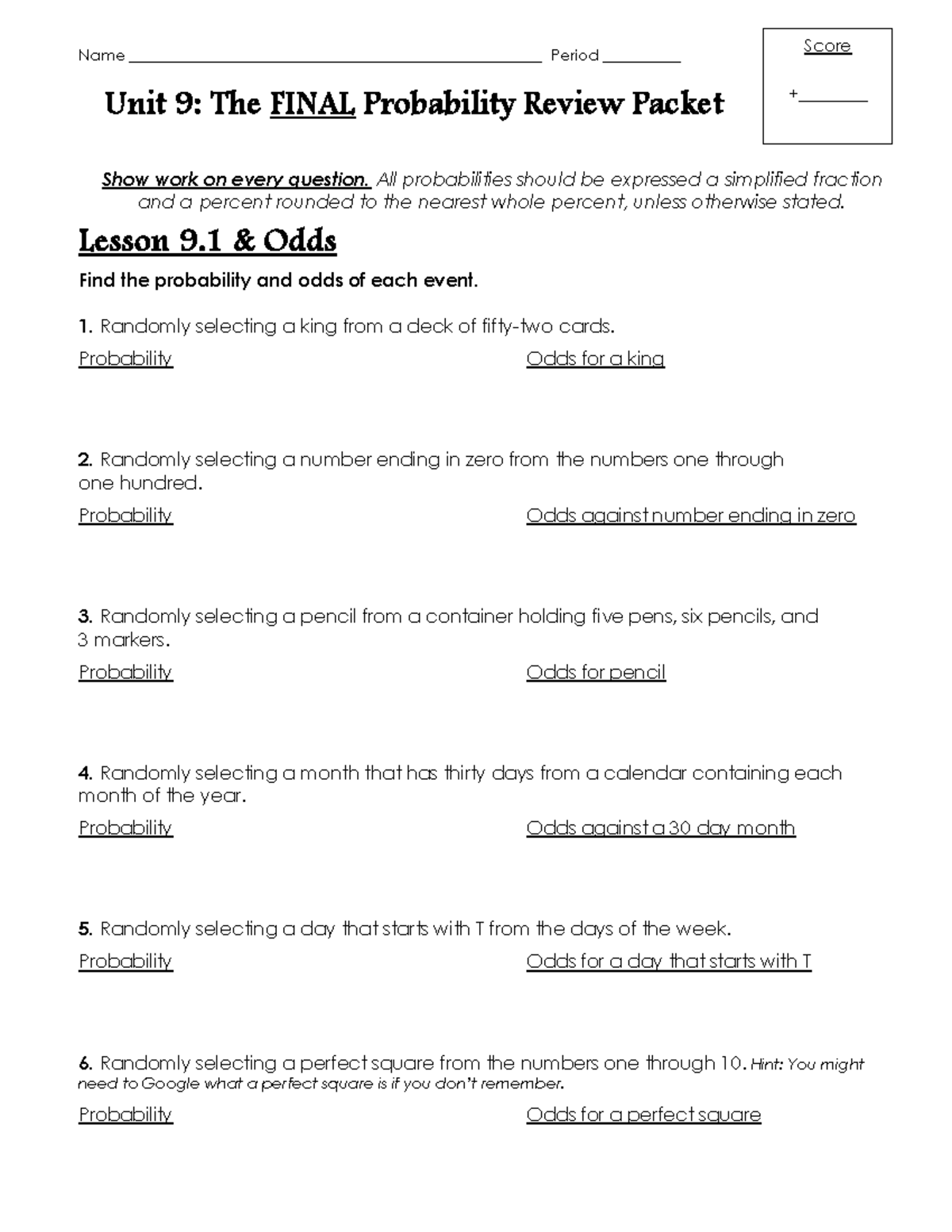 Unit 9: FINAL Probability Review Packet with Odds and Choices - Studocu