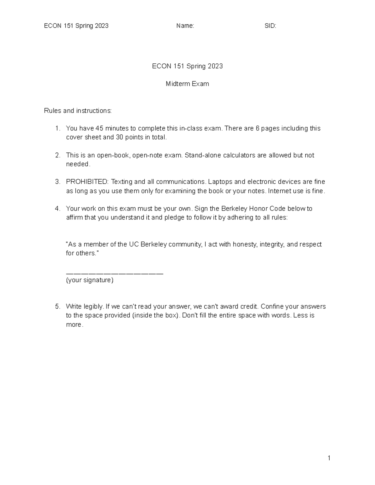 ECON 151 Spring 2023 Midterm Exam: Rules & EITC Analysis - Studocu