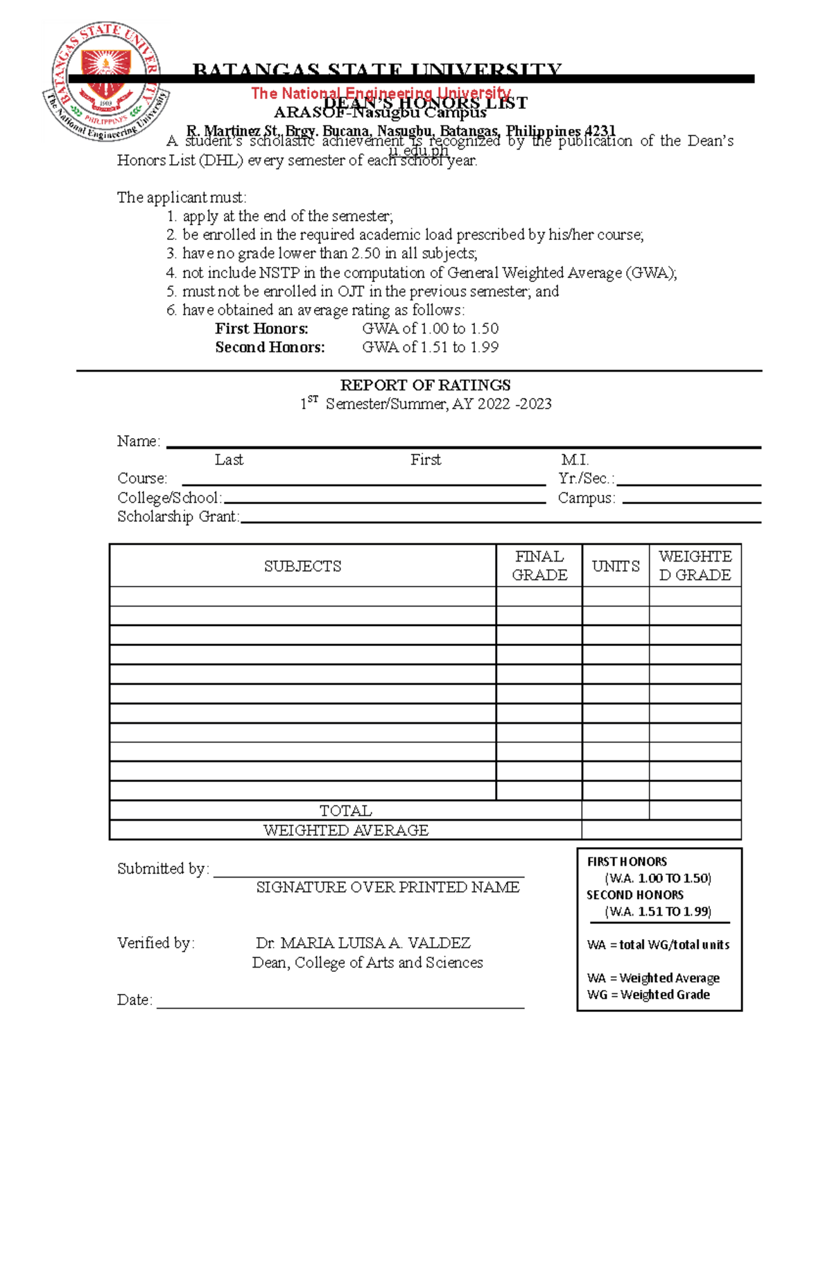 CAS Dean's Honors List Application Form Guidelines - Studocu