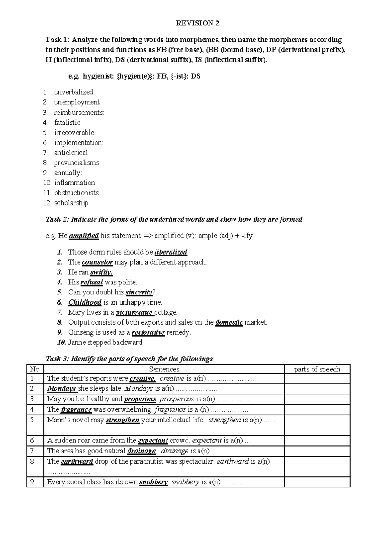Revision 2: Morpheme Analysis and Word Formation Tasks for ENG 101 ...