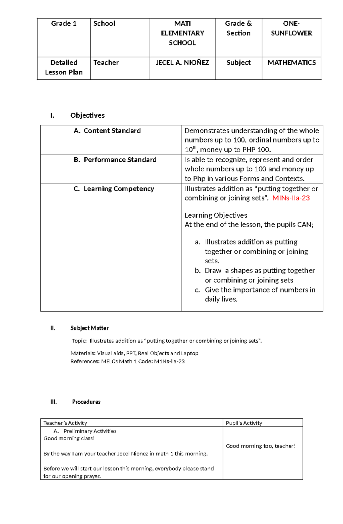 Detailed Lesson Plan for Math 1: Addition Concepts and Activities - Studocu