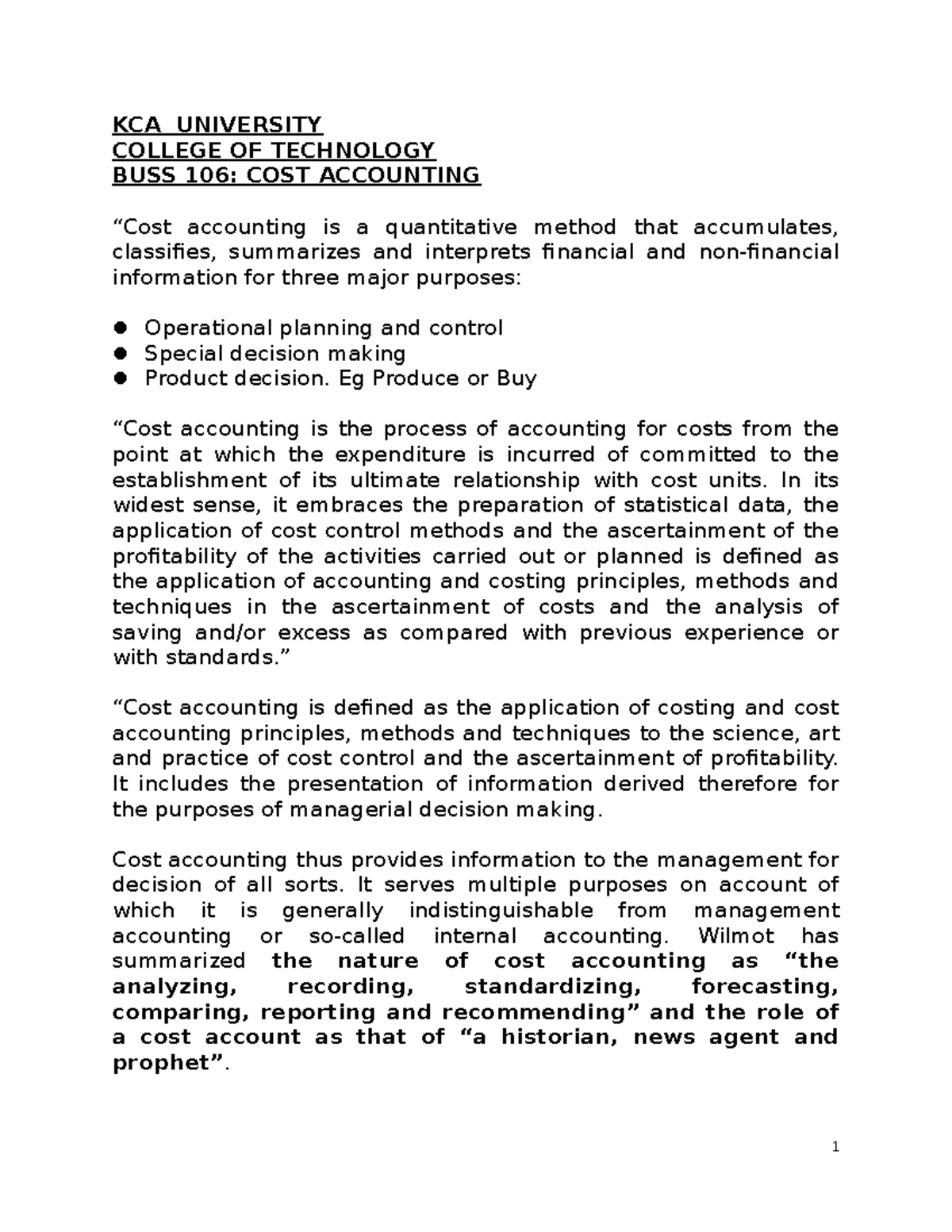 COST Accounting - Comprehensive Notes for BUSS 106 Students - Studocu