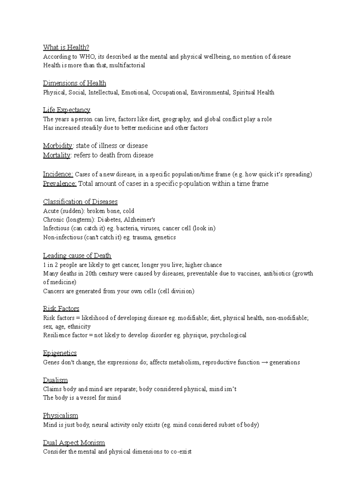 Human Body - L1 Notes: Understanding Health Dimensions and Biology ...
