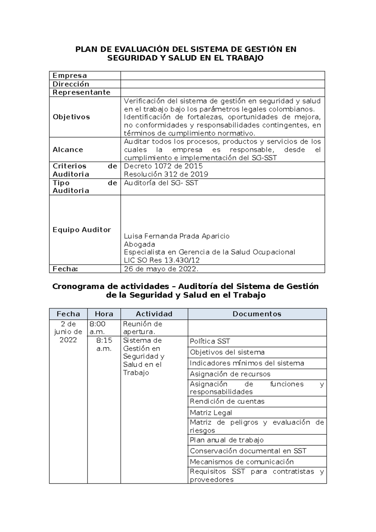 PLAN DE EVALUACIÓN LEGAL DEL SST - DEC 1072 Y RES 312 - Studocu