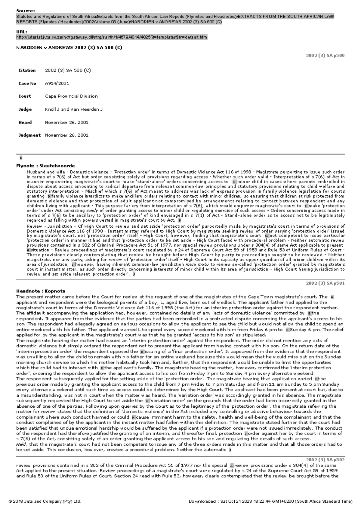 Review of NARODIEN v ANDREWS 2002 (3) SA 500 (C) - Domestic Violence ...