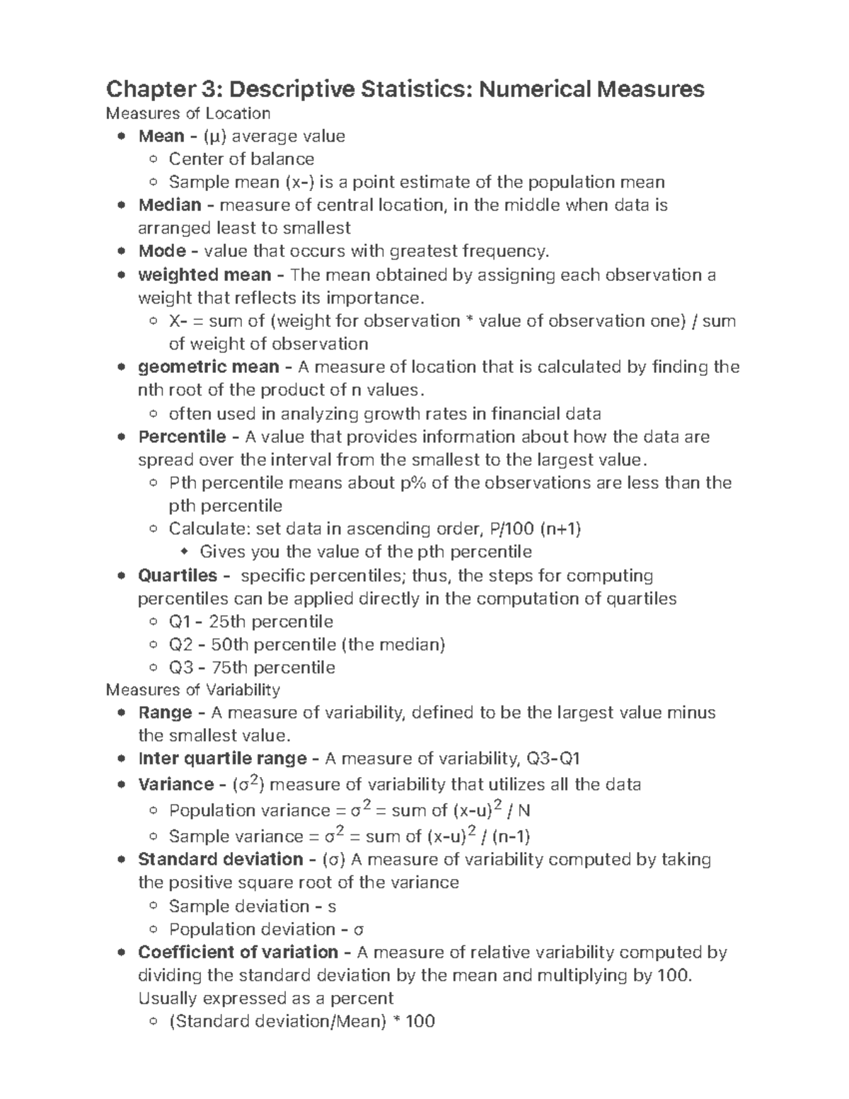 Chapter 3: Descriptive Stats - Numerical Measures Overview - Studocu