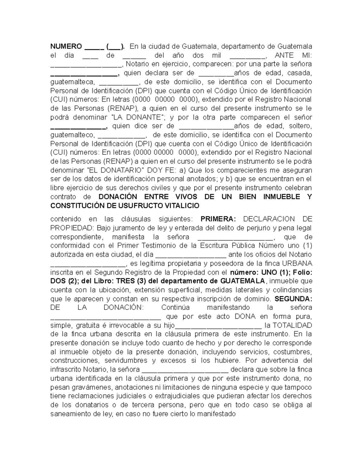 Donación de Bien Inmueble y Usufructo Vitalicio: Contrato Notarial ...