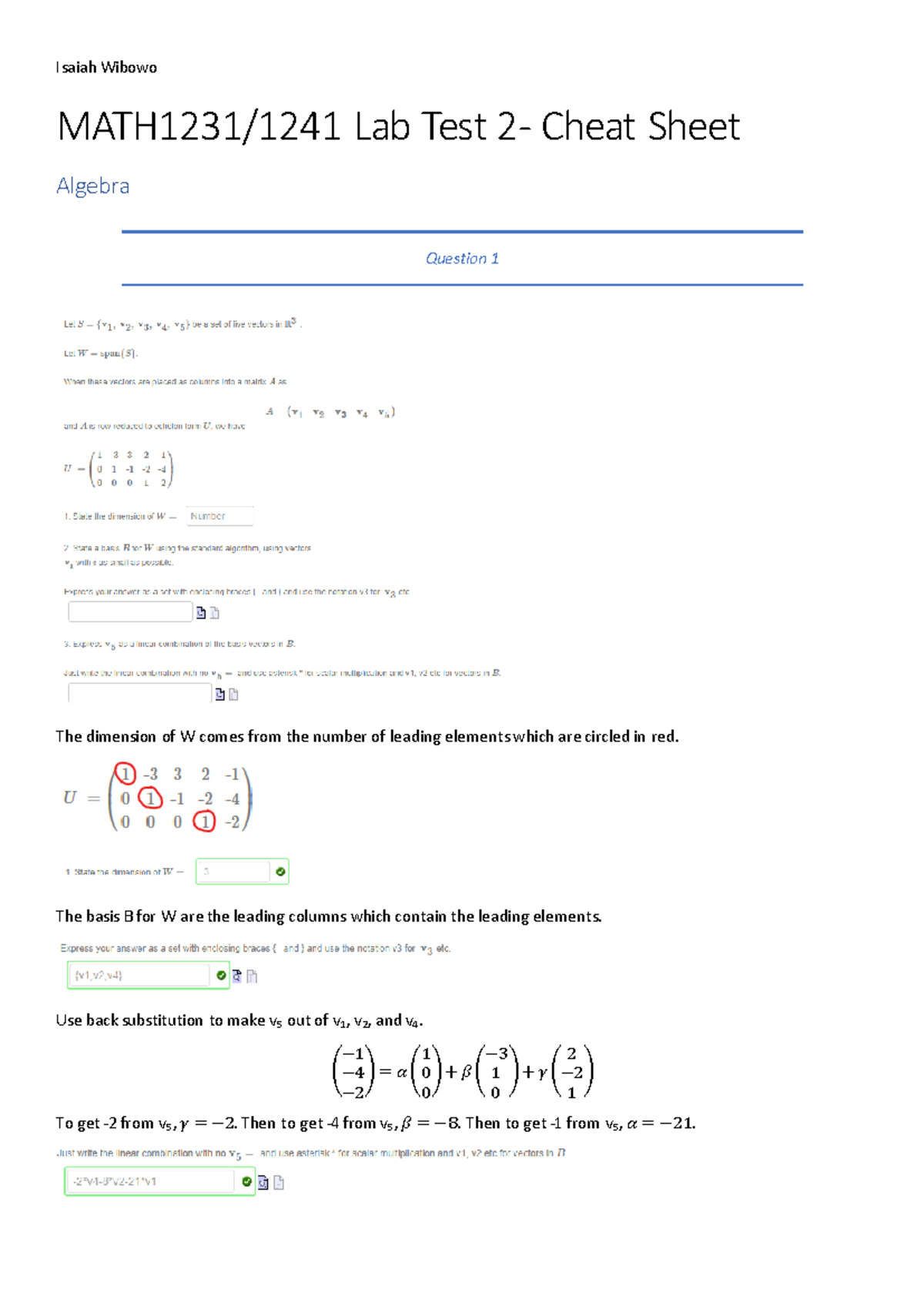 MATH1231 Lab 2 Cheat sheet - MATH1231/1241 Lab Test 2- Cheat Sheet ...