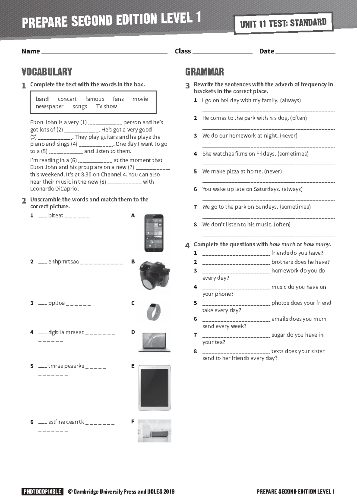 PRE-UT-U11S: Level 1 Unit 11 Test - Vocabulary & Grammar - Studocu