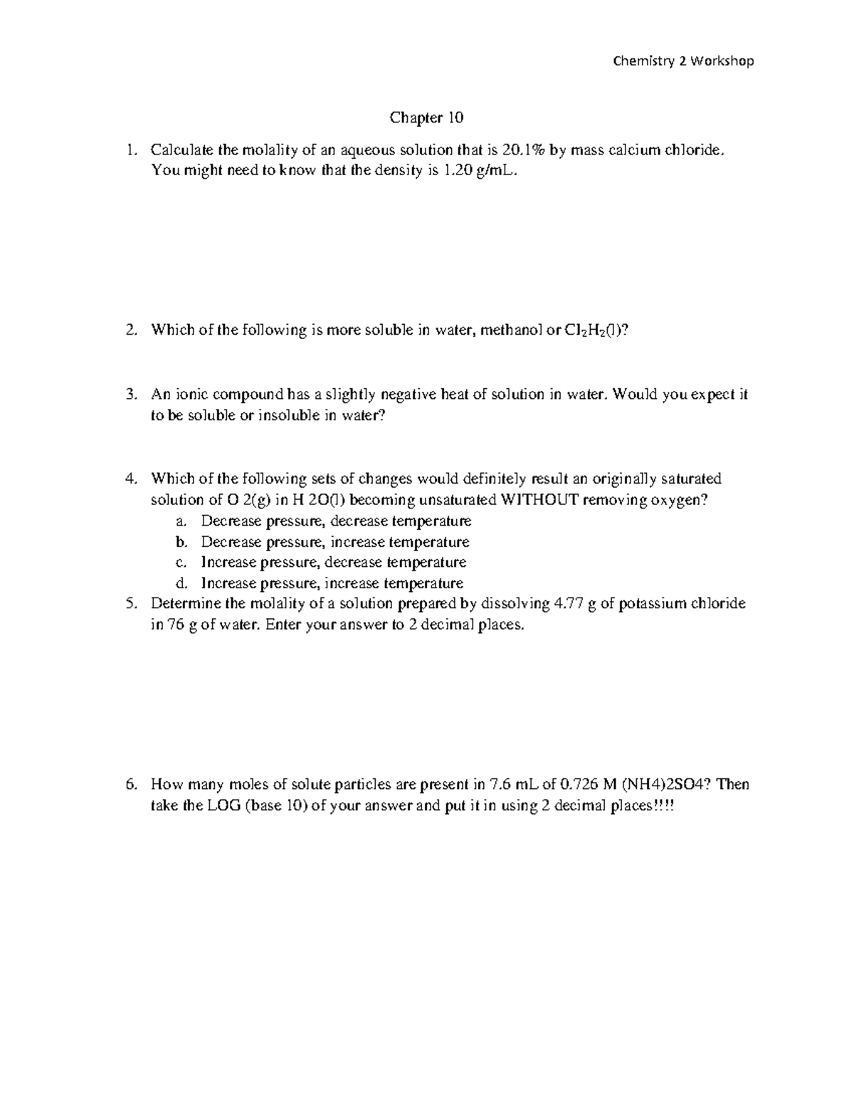 Chemistry 2 Workshop Ch 10: Practice Problems & Solutions - Studocu