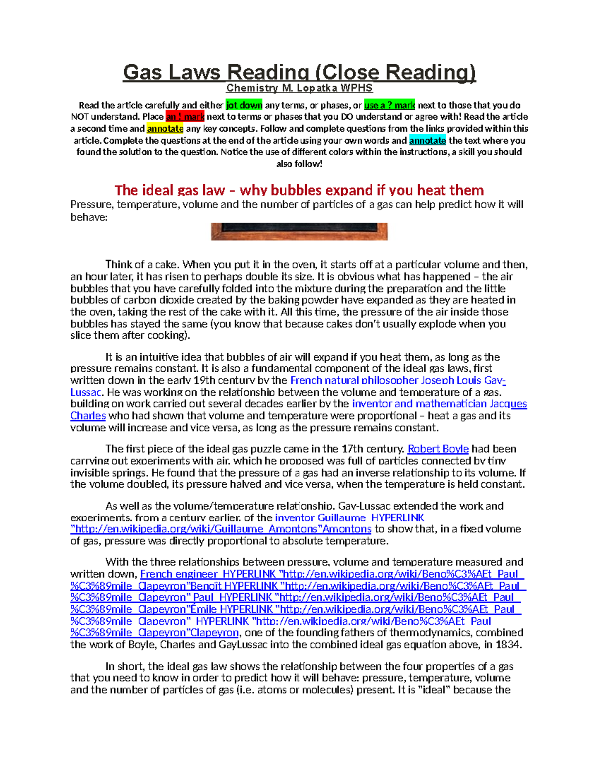 Gas Laws - Gas laws thing - Gas Laws Reading (Close Reading) Chemistry ...