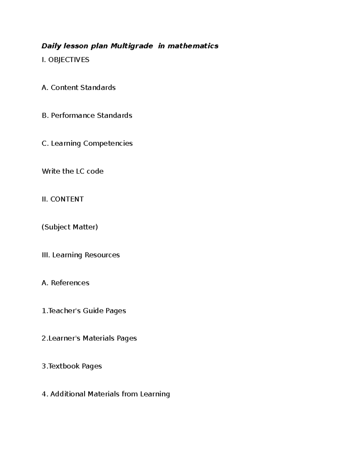 Document (138) - Notes - Daily lesson plan Multigrade in mathematics I ...