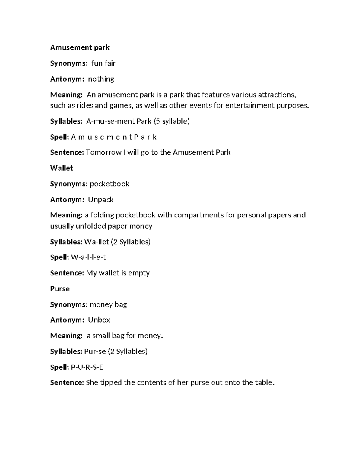 Amusement Park Vocabulary: Synonyms & Antonyms Guide - Studocu