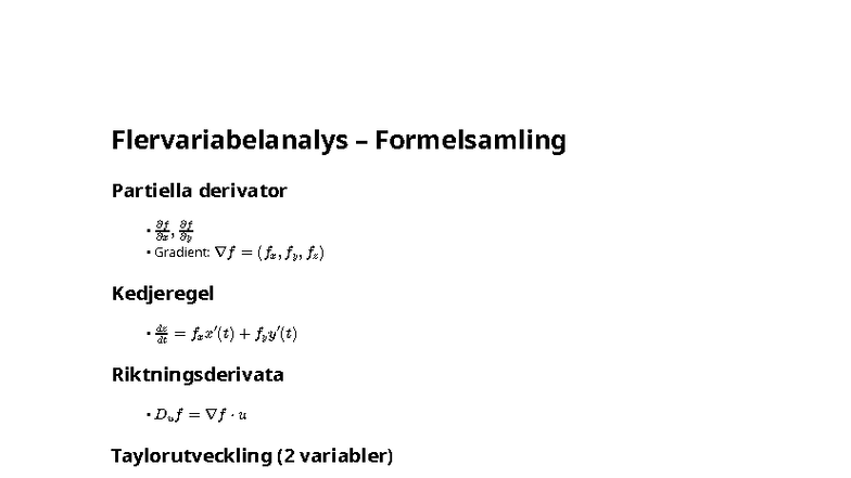 Formelsamling – Flervariabelanalys - Flervariabelanalys – Formelsamling ...