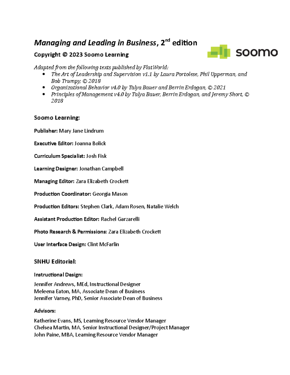 BUS210 2e V1 Credits - Notes - Managing and Leading in Business, 2nd ...