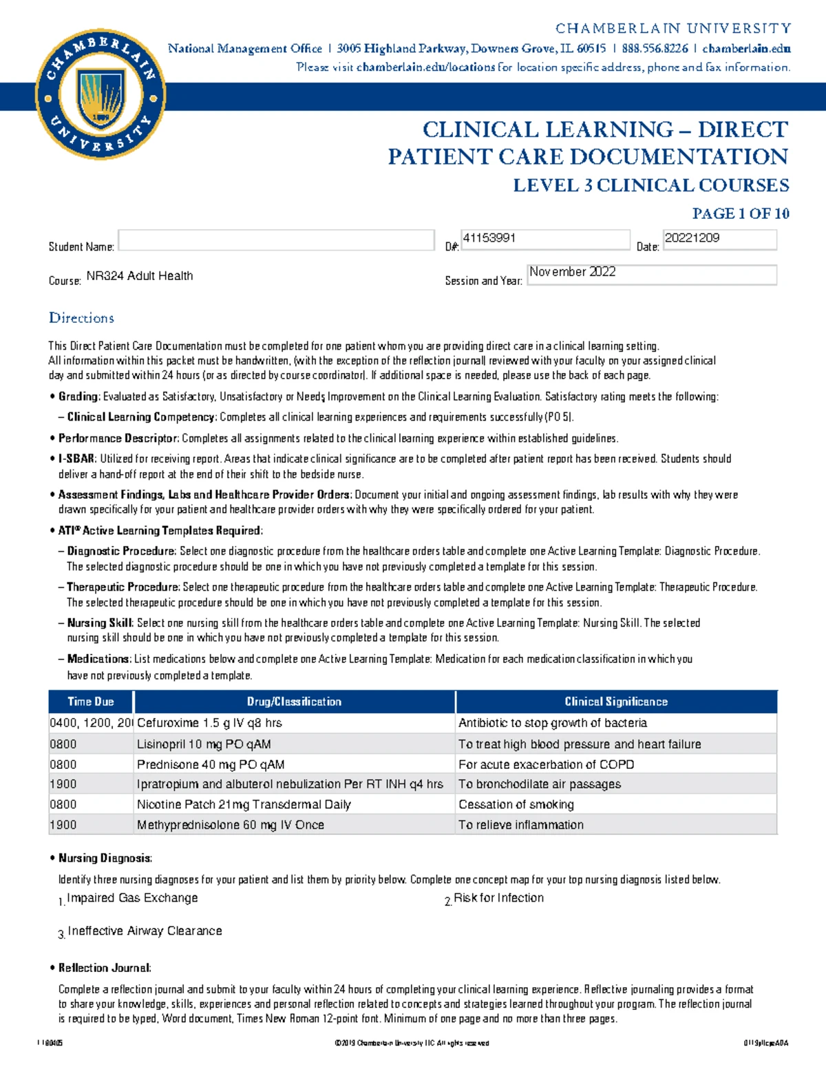 Clinical Learning Direct Patient Care Documentation - Health 1 (March ...