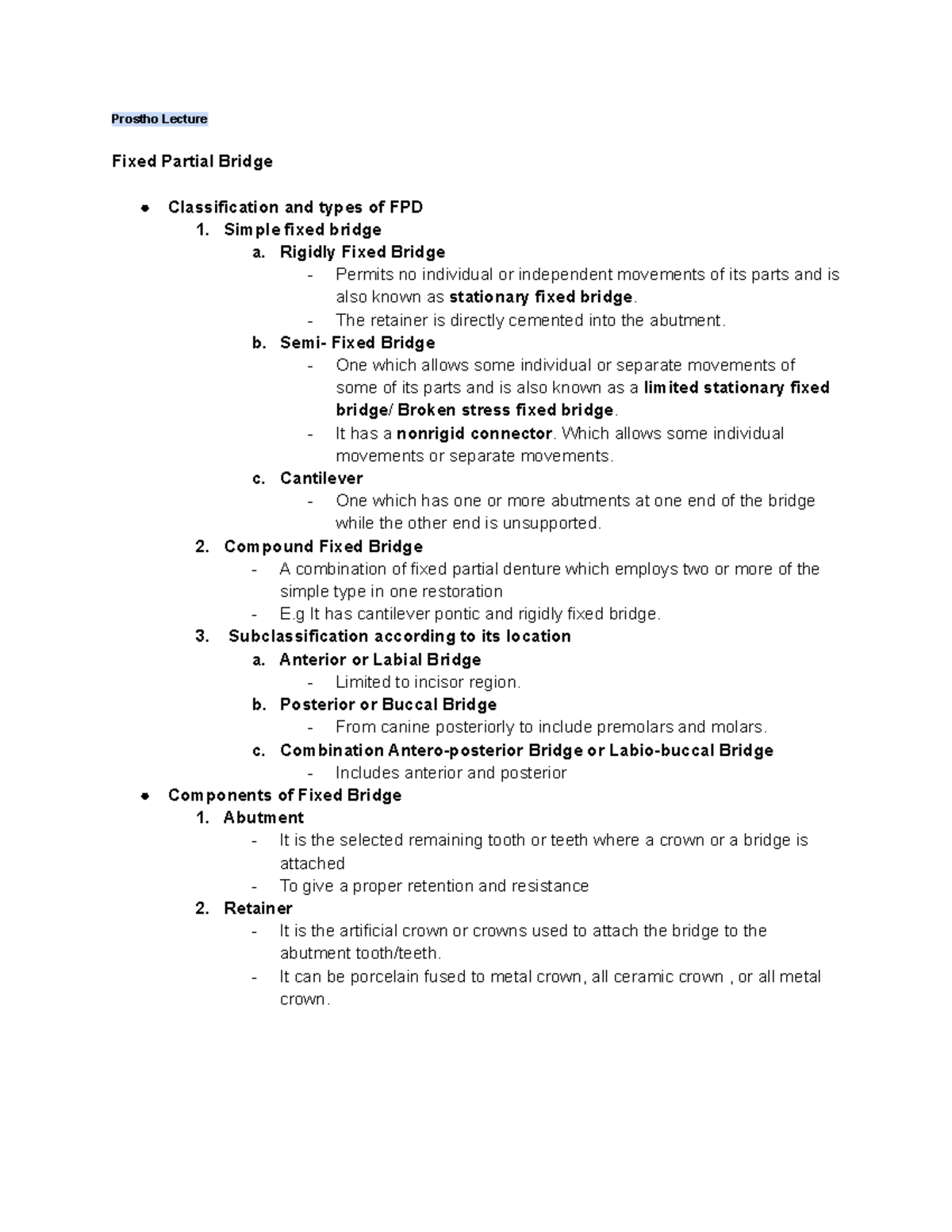 Prostho Lecture FPD - Classification & Design of Fixed Partial Dentures ...