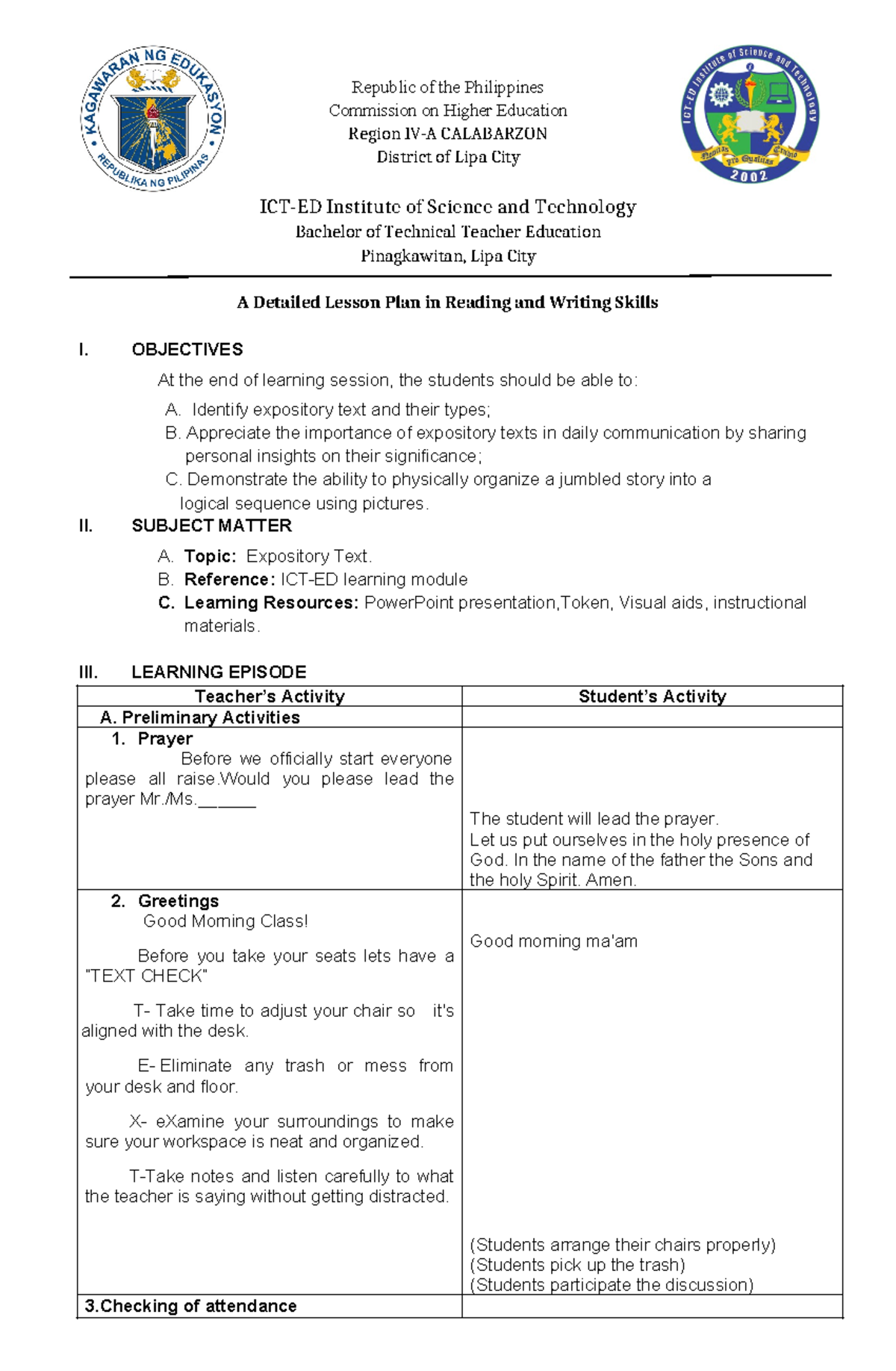 Midterm Lesson Plan: Expository Texts in Reading & Writing Skills - Studocu