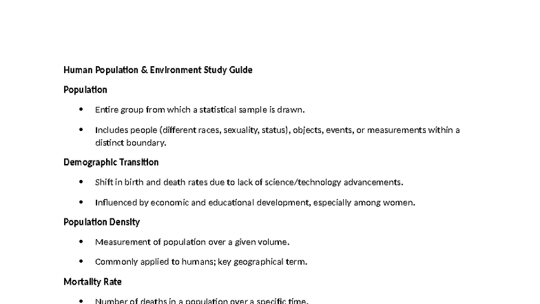 Human Population & Environment Study Guide (ENV 101) - Studocu