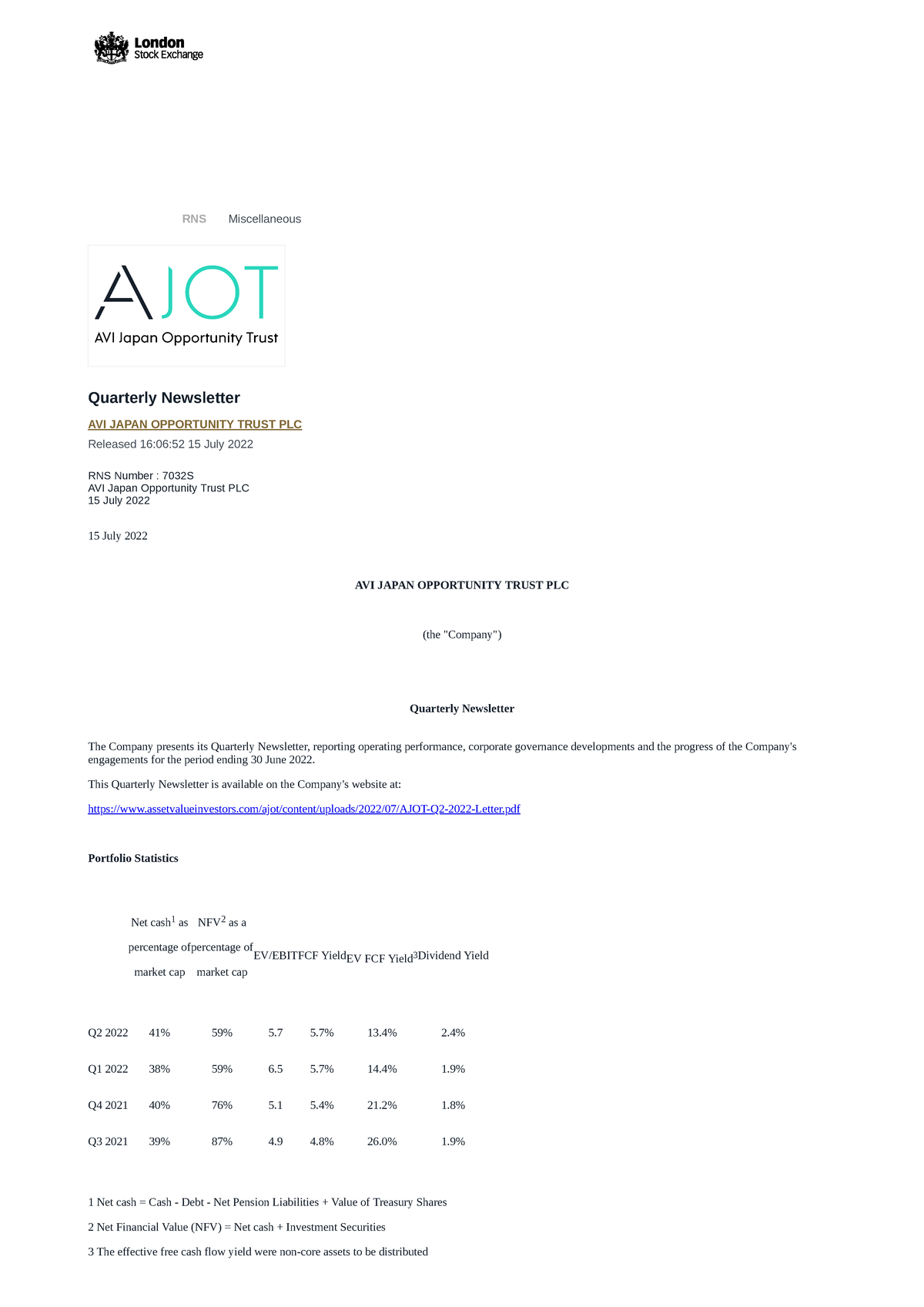 Quarterly Report -Jul 2022 - AJOT -LSE - RNS Miscellaneous Quarterly ...