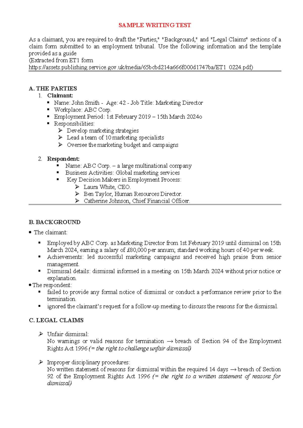 Sample Writing Test - Claim Form Draft for Employment Tribunal (Law 2 ...
