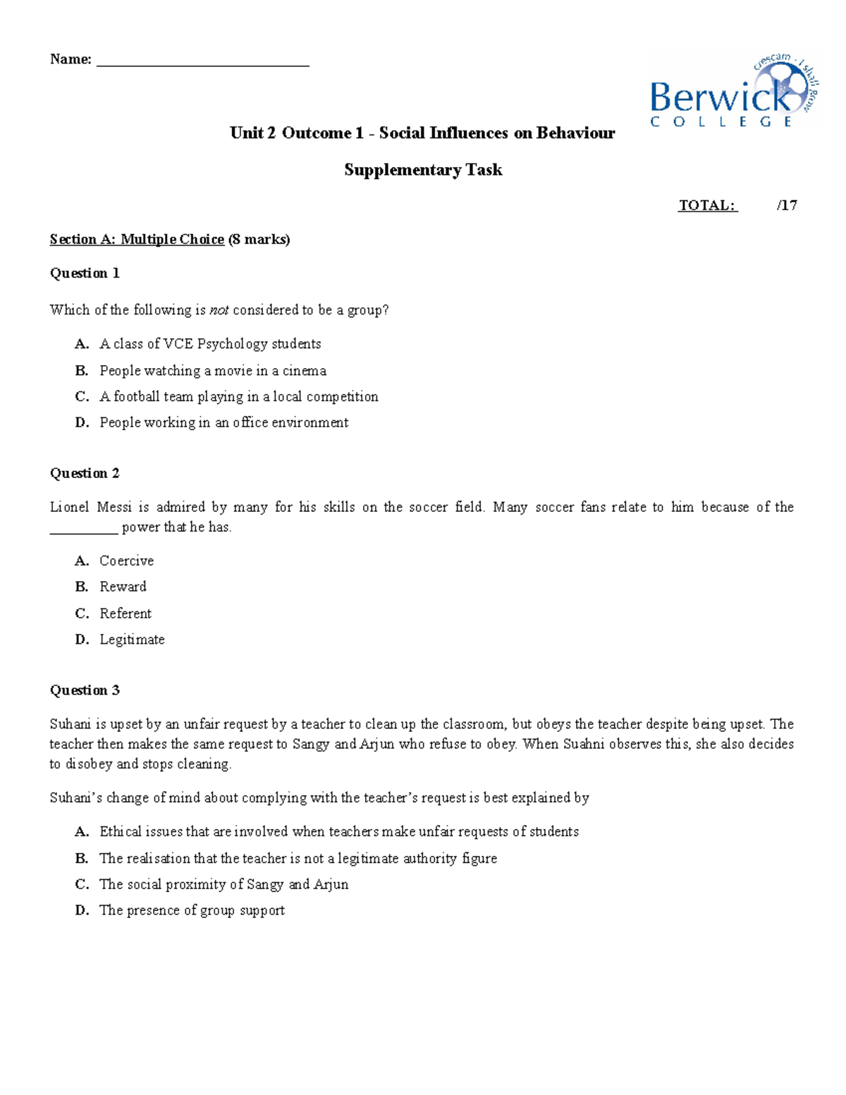 Unit 2 AOS 1 - Social Influences on Behaviour Resit Task - Studocu