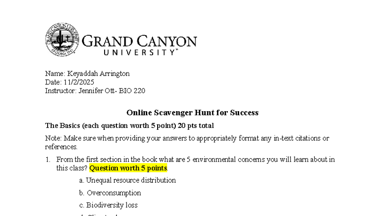 BIO 220 Online Scavenger Hunt for Success: Key Environmental Insights ...
