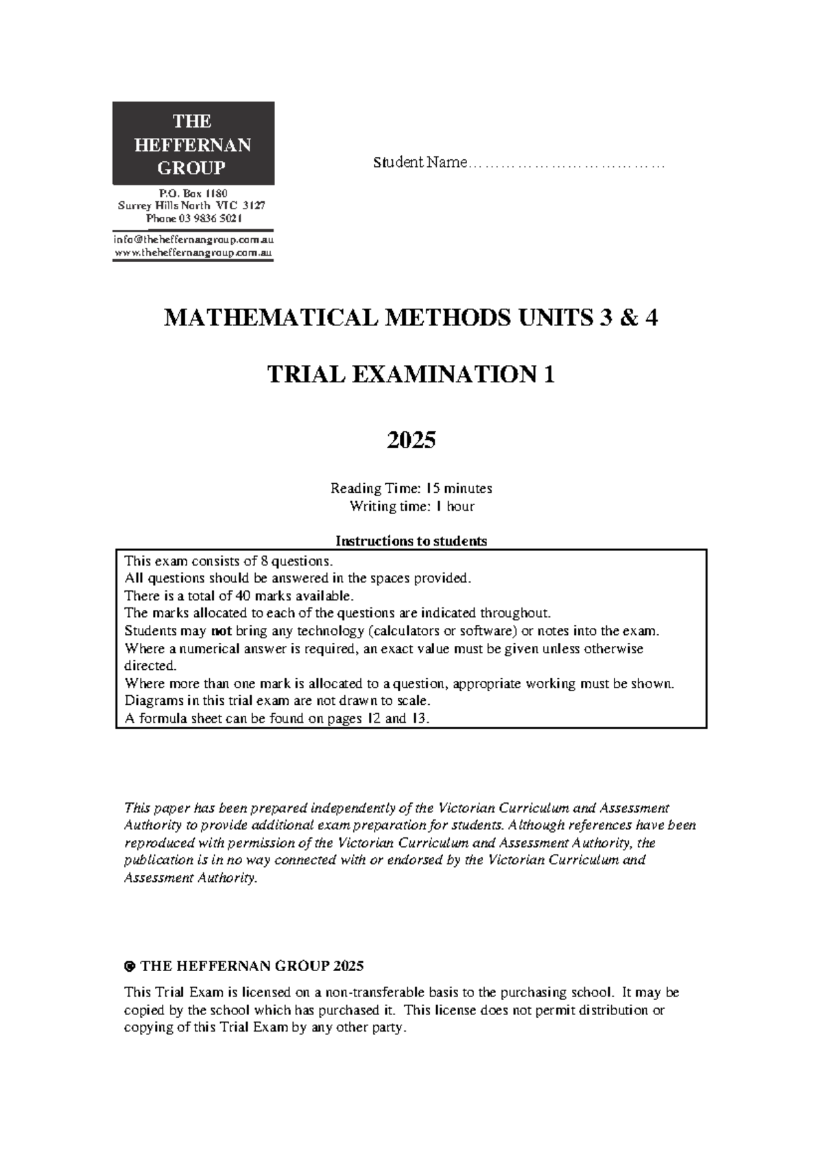 Mathematical Methods Units 3 & 4 Trial Exam 1 - 2025 - Studocu