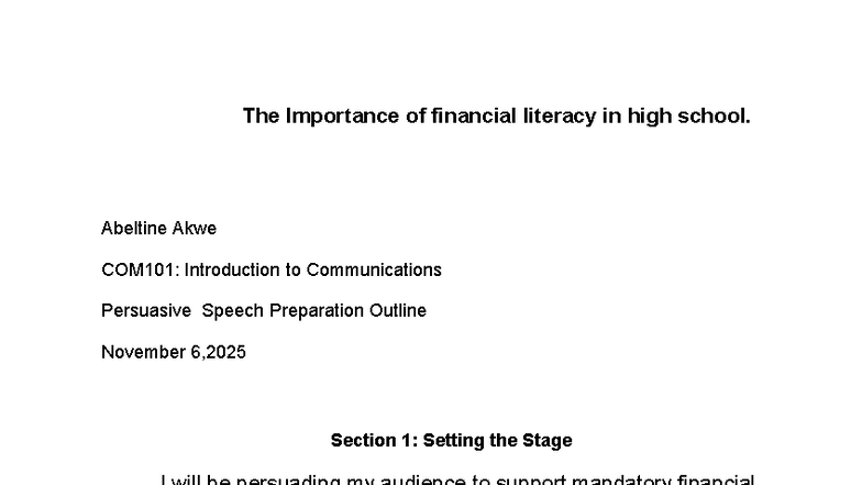 COM101: Persuasive Speech on Financial Literacy in High Schools - Studocu