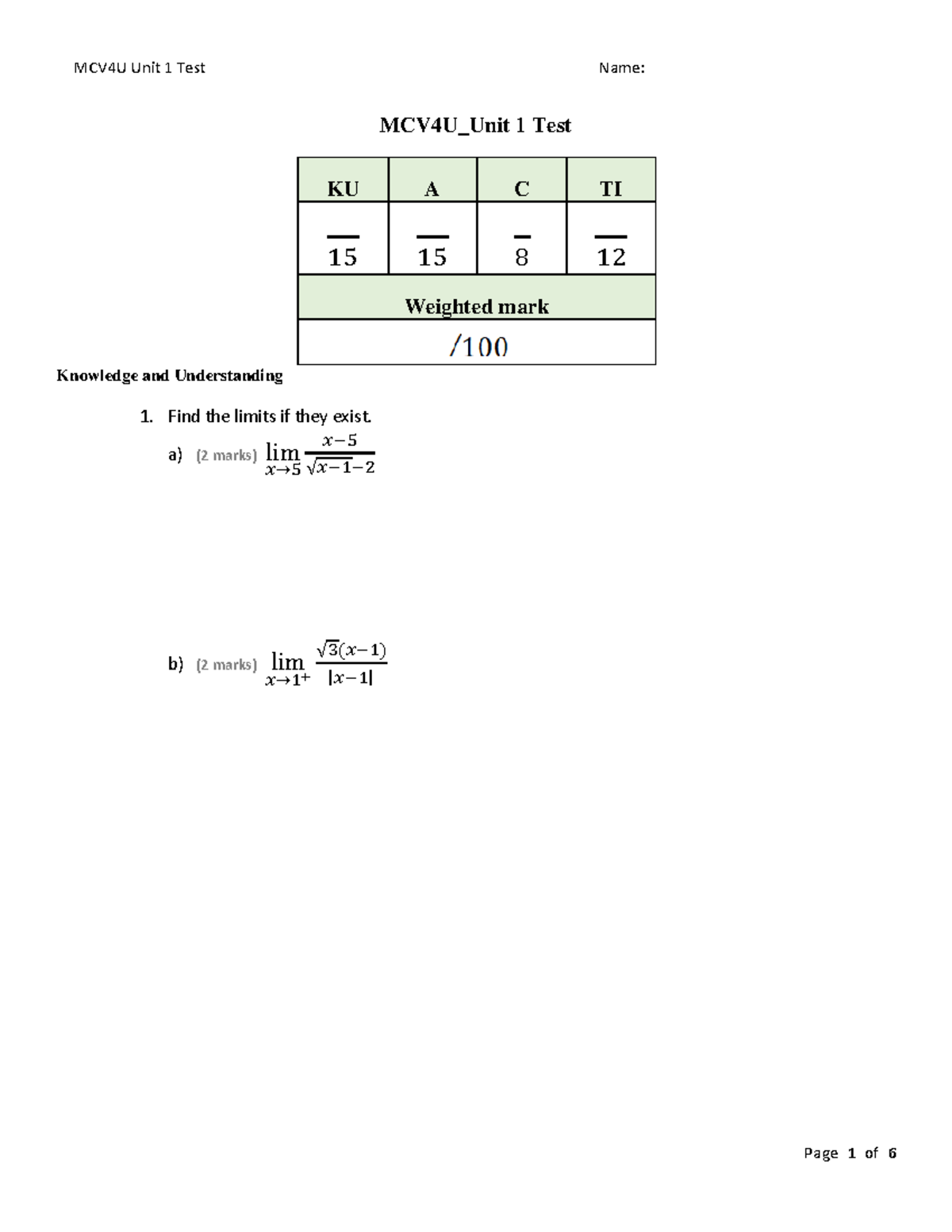 MCV4U Unit 1 Test: Limits, Derivatives, and Continuity Concepts - Studocu