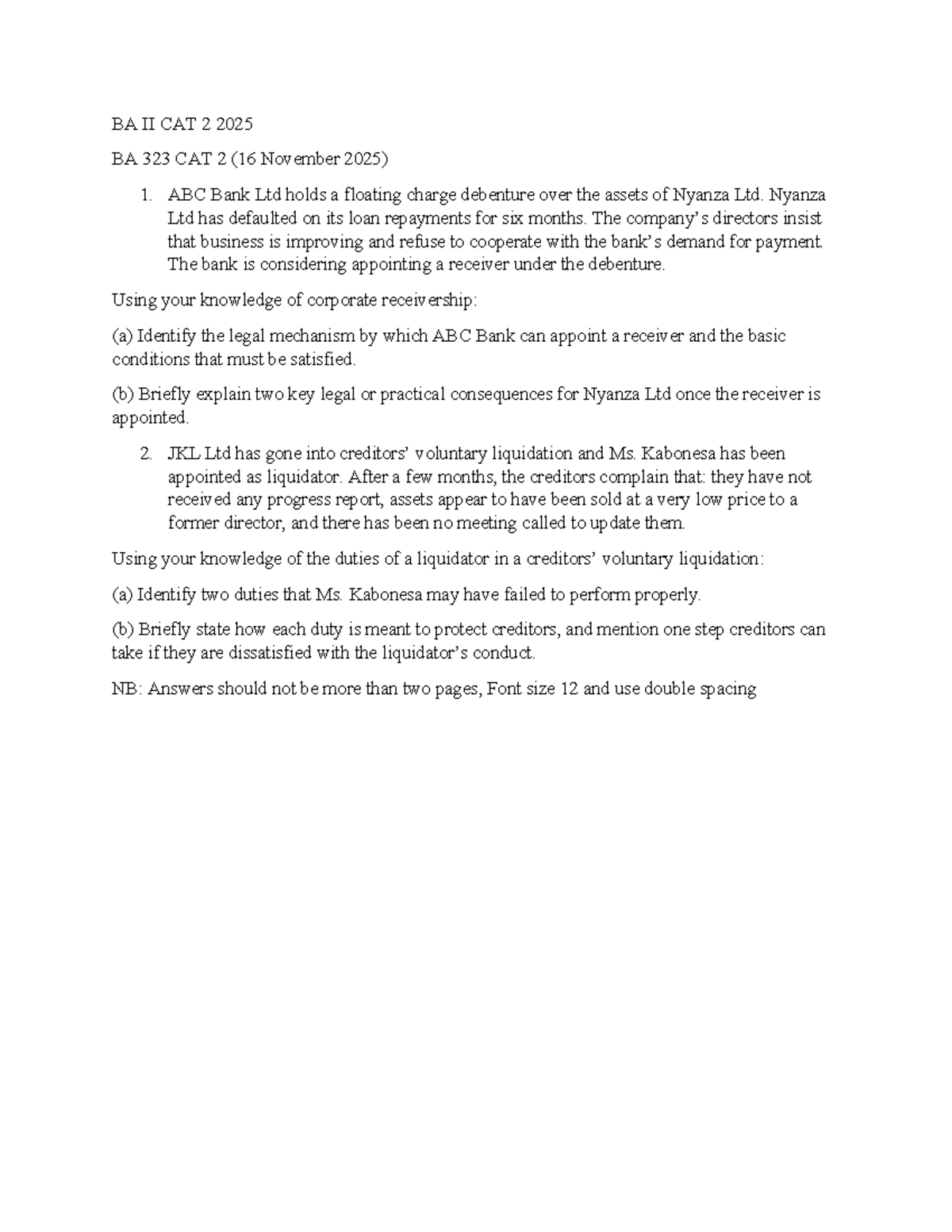 BA II CAT 2 2025 - Corporate Receivership & Liquidation Analysis - Studocu