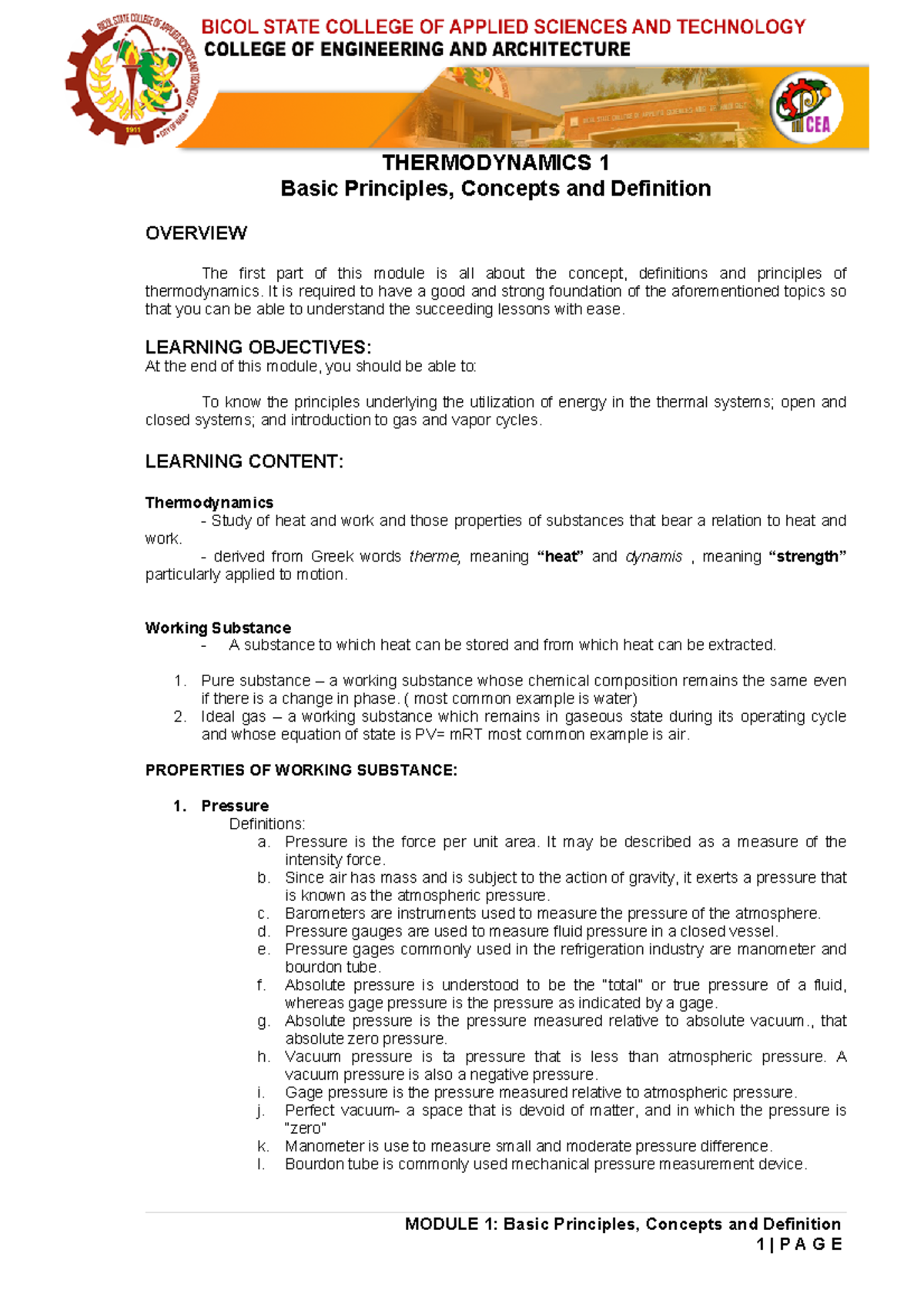 Thermo 1 - Module 1: Basic Principles and Concepts Overview - Studocu