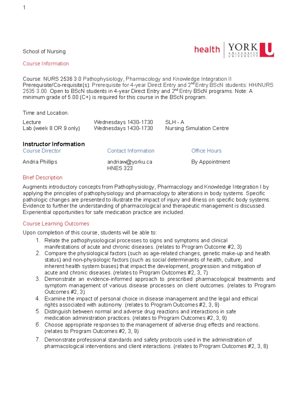 W26 NURS 2536 Course Outline: Pathophysiology & Pharmacology II - Studocu