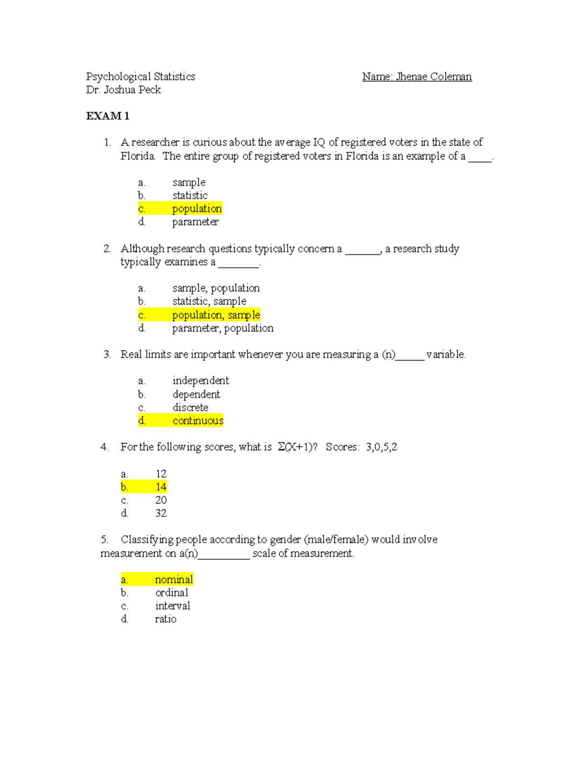 Psychological Statistics STATS 101 - Summer Exam 1 Review - Studocu
