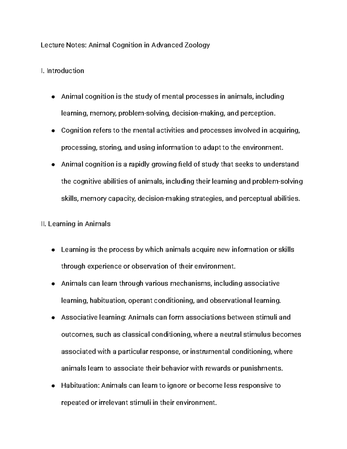 Lecture Notes Animal Cognition in Advanced Zoology - Introduction ...