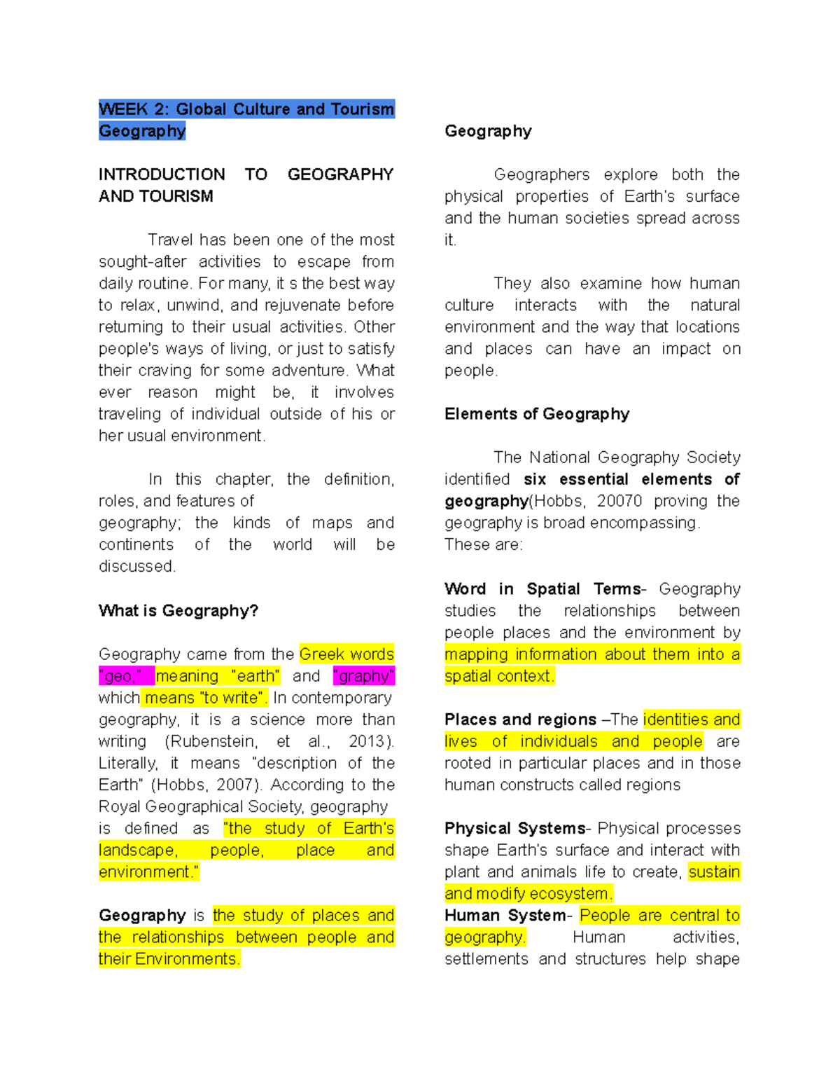 GEOG 101: Introduction to Geography & Its Role in Tourism - Studocu