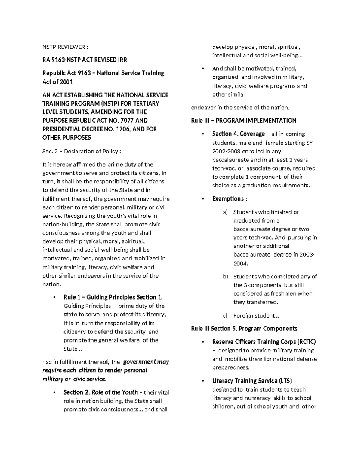 NSTP- Reviewer - nstp - NSTP REVIEWER : RA 9163-NSTP ACT REVISED IRR ...