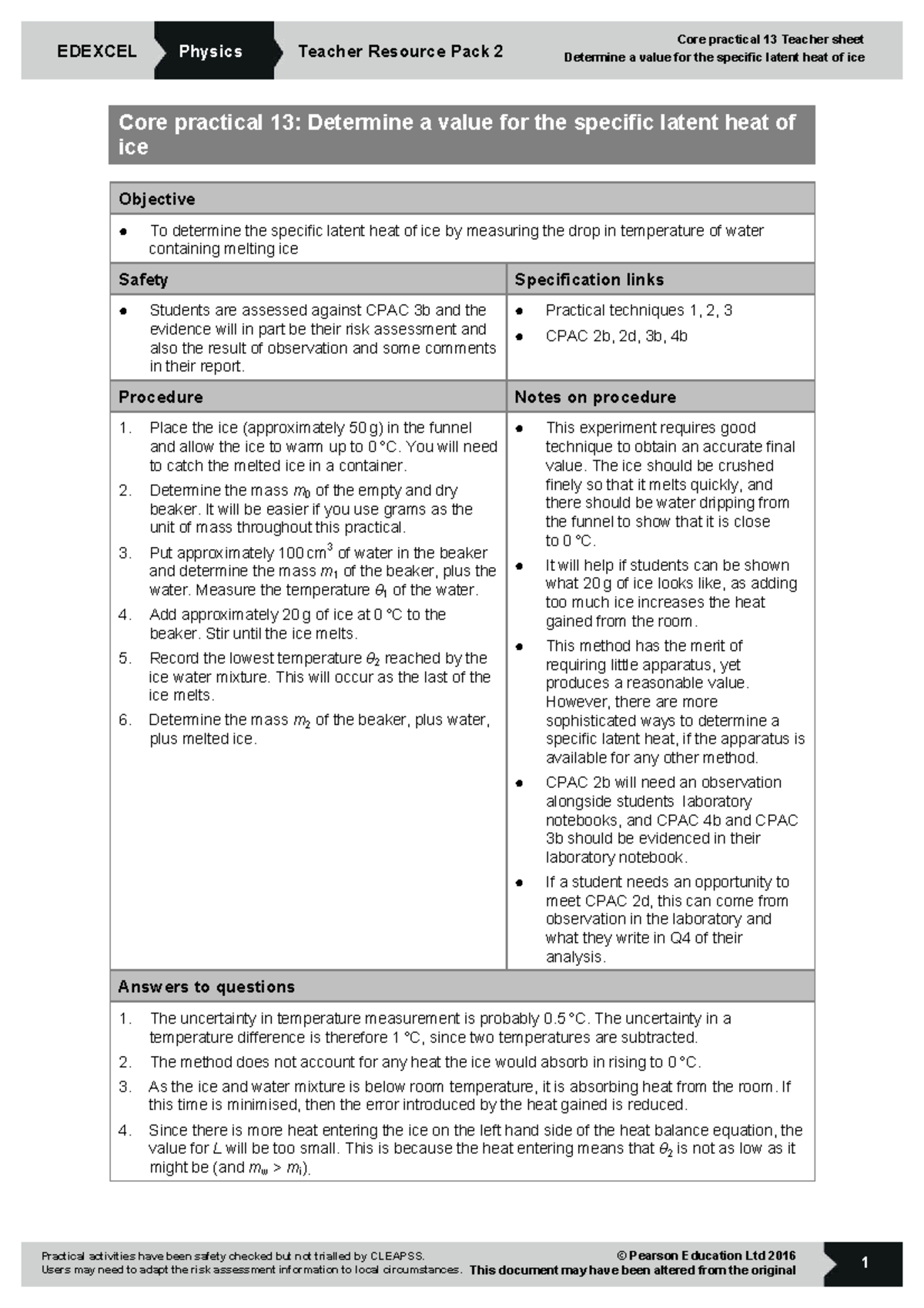 EDEXCEL Physics Core Practical 13: Specific Latent Heat of Ice Worksheets - Studocu
