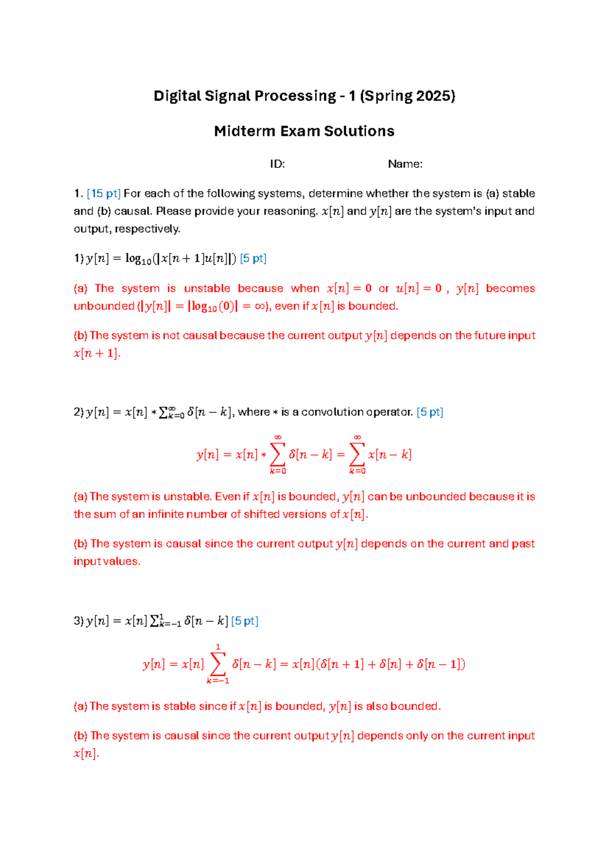 Digital Signal Processing 1 (Spring 2025) Midterm Exam Solutions - Studocu