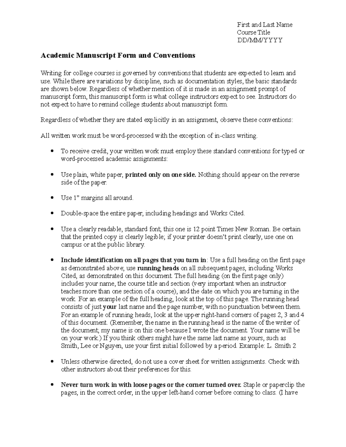 Manuscript Format updated B674 - First and Last Name Course Title DD/MM ...