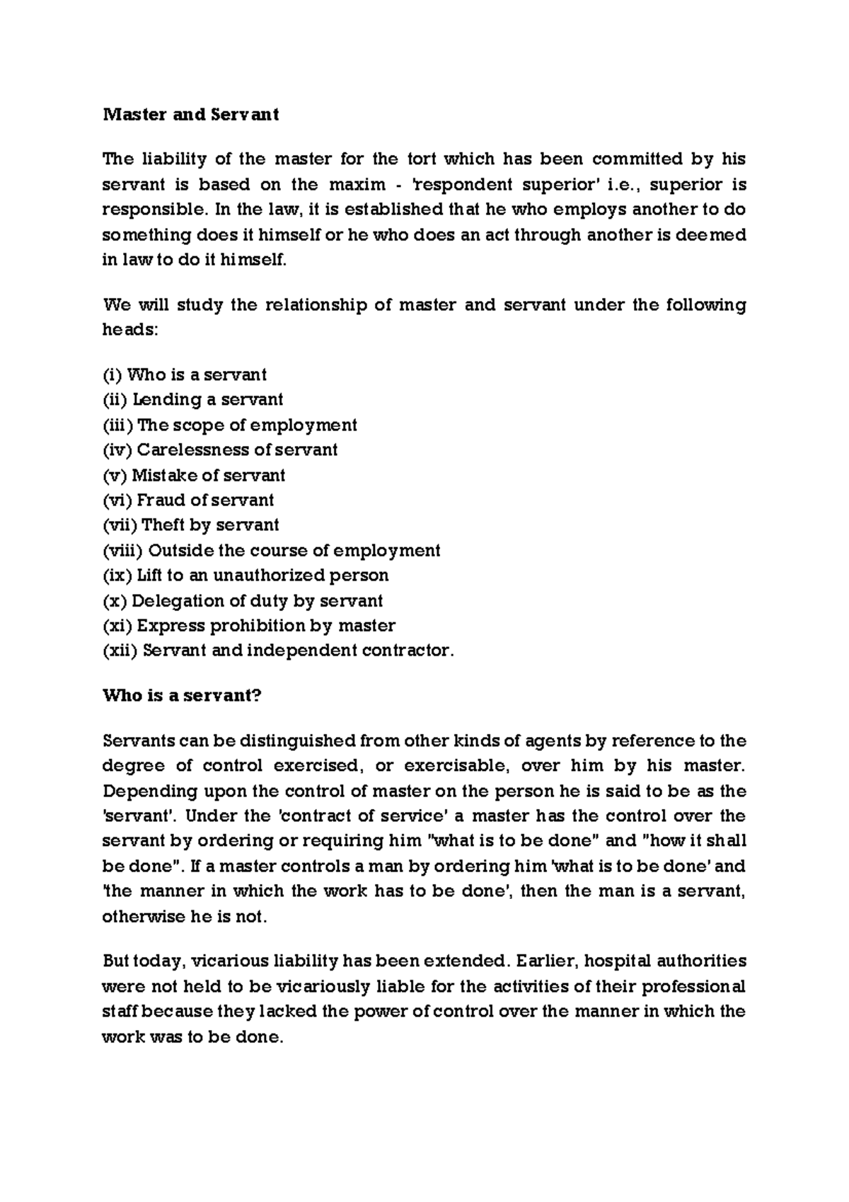 Master and Servant Relationship: Key Legal Principles and Cases - Studocu